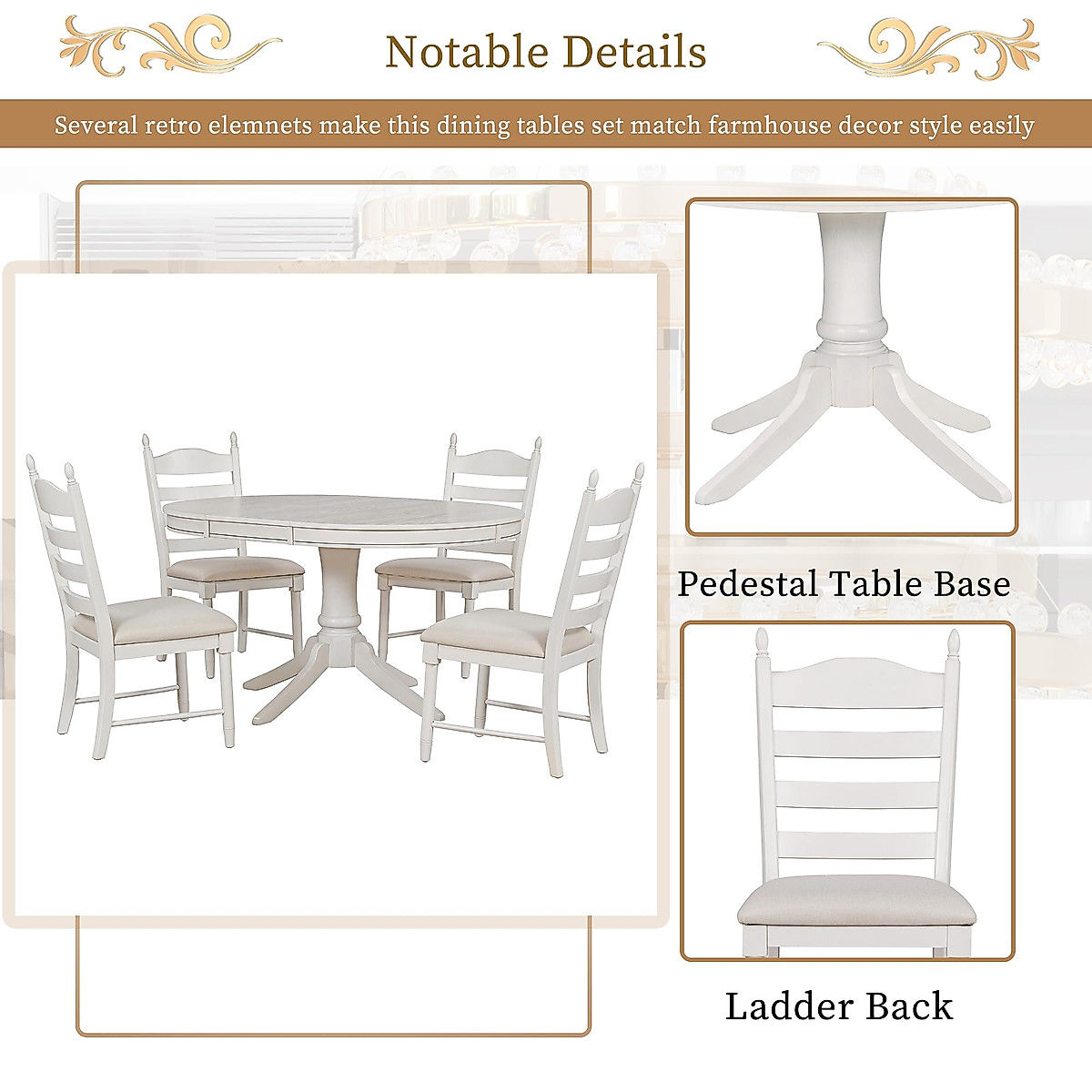 P PURLOVE 5 Piece Round Dining Table Set, Functional Furniture Retro Style, Round Table with a 16" W Leaf and 4 Upholstered Chairs, Dining Set for Dining Room and Living Room (Walnut)