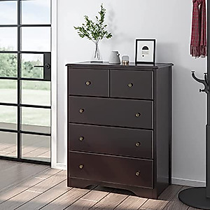 HOUSUIT Dresser with 5 Drawers, Retro Dressers for Bedroom, Wide Chest of Drawers Clothes Organizer, Wooden Nightstand for Living Room, Closet, Hallway, Dark Brown
