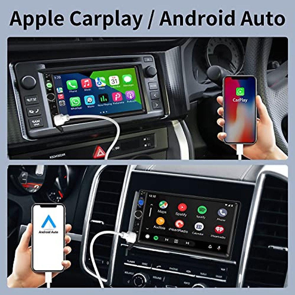 Double Din Car Stereo Apple Carplay and Android Auto, 7-Inch HD Touchscreen Car Stereo with Backup Camera, Bluetooth Car Radio Support Mirror Link,FM/Hands Free Call/USB/TF/AUX/Steering Wheel Control