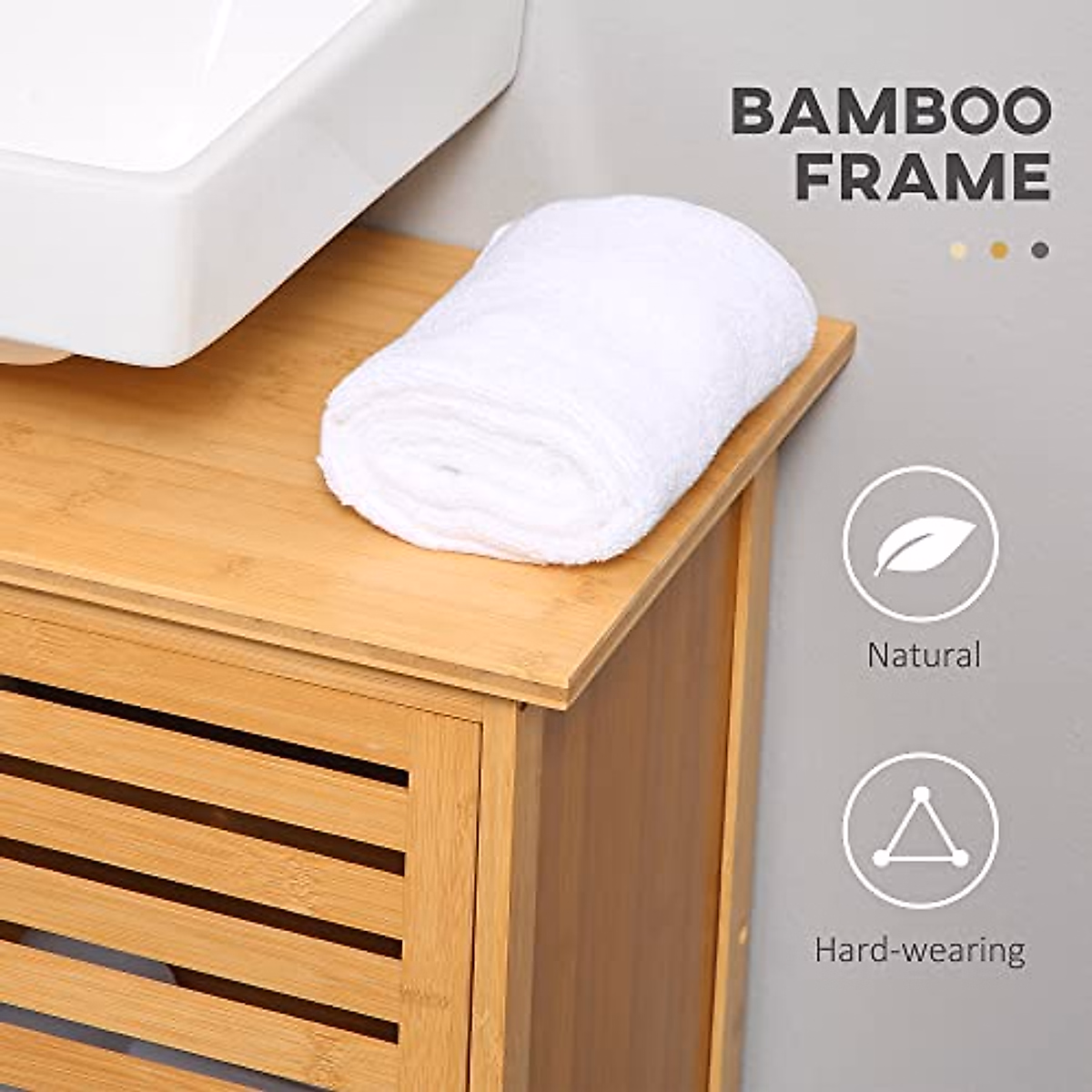 kleankin Bamboo Under Sink Cabinet with 2 Slatted Doors, Freestanding Bathroom Sink Cabinet, Bathroom Vanity Cabinet, Natural