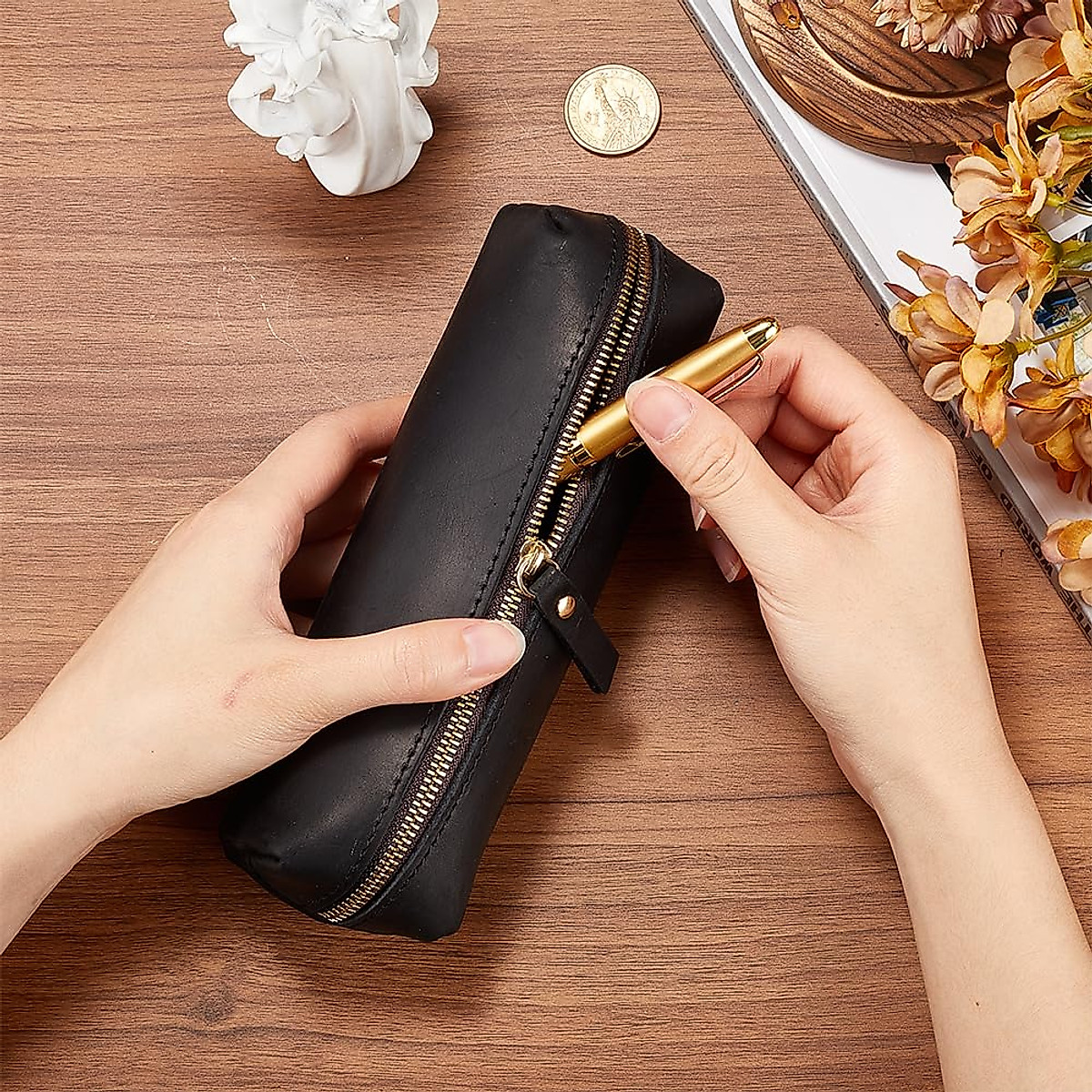 GORGECRAFT Leather Pencil Case Crazy Horse Large Capacity Genuine Leather Pencil Pouch Rectangular Portable Zippered Pen Cases with Zipper for Men and Women Office Supplies Pen Case, Black