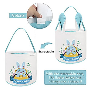 Asbtos 3 Pack Easter Basket, Bunny Baskets for Kids with Cute Rabbit Ears Stripe Storage Gifts Candies, Blue, Pink, Purple(9 x 9 x 14 inches)