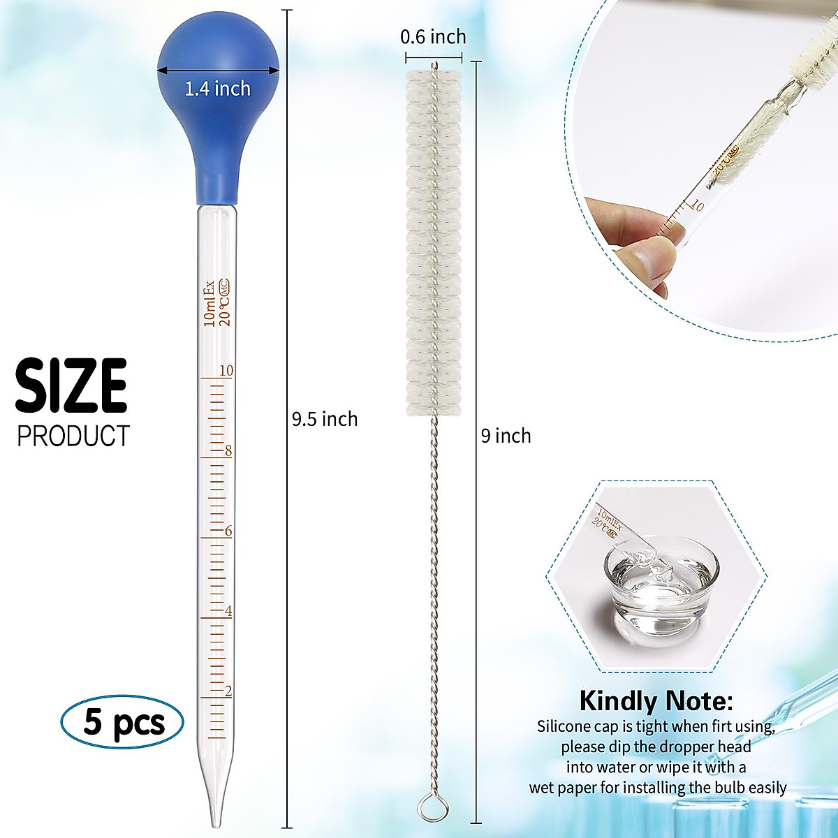Asherxin 5 Pack 10ml Glass Pipette Dropper Lab Graduated Dropper Glass Liquid Pipette with 1 Pc Cleaning Brush for Liquid Essential Oil, Lab Dropper Pipettes Transfer with Rubber Cap