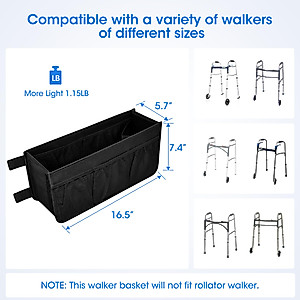 Upgrade Dotday Walker Basket Walker Bag Water Cup Holder, Foldable Walker Storage Bag with Big Capacity & Never Tipping Over, Best Gift for Family - Black (Not Fit Rollator Walkers)