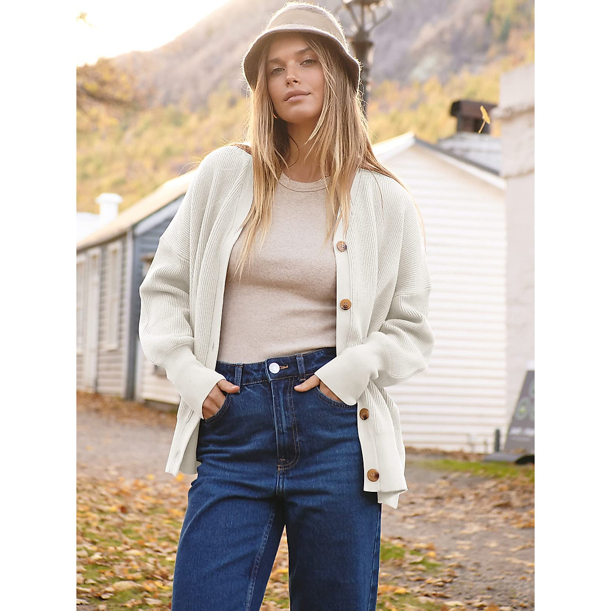 ANRABESS Women's Cardigan 2024 Trendy Open Front Oversized Button Lightweight Sweaters Loose Knit Cardigans Fall Outfits White Small