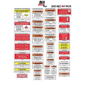 2020 NEC Solar Label Pack- 44 Premium Solar PV Safety Warning Photovoltaic System Labels