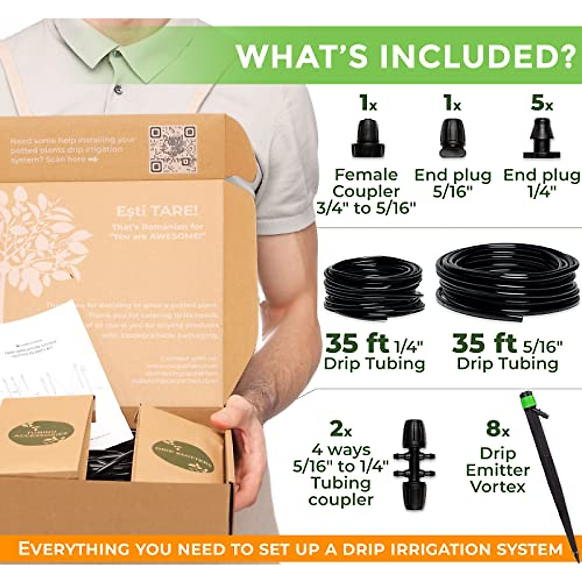 CARPATHEN Irrigation System - Adjustable Premium Drip Irrigation for Small Garden, Potted Plants, Hanging Baskets, Raised Garden Beds, Containers - Complete with Drip Emitters, Tubing and Connectors