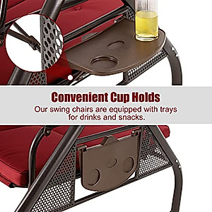 GYUTEI 3-Seat Outdoor Patio Swing Chair,Porch Swing Chair with Adjustable Backrest and Canopy,Outdoor Porch Swing Glider Chair,w/Cushions,Pillows and Cup Holders for Porch, Backyard(Wine RED)