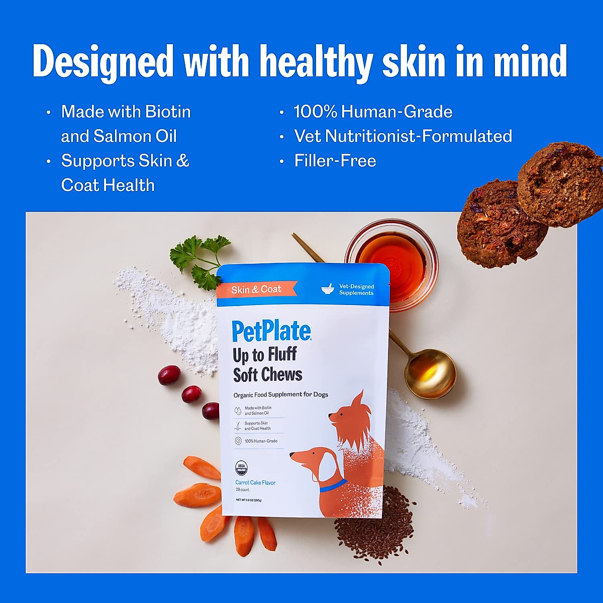 PetPlate Up to Fluff Soft Chews for Dogs, Skin & Coat Support, USDA Organic Supplement, Grain-Free, Human-Grade, Includes Salmon Oil and Biotin, Pet Supplies (Pack of 1, 9.8 Ounce)