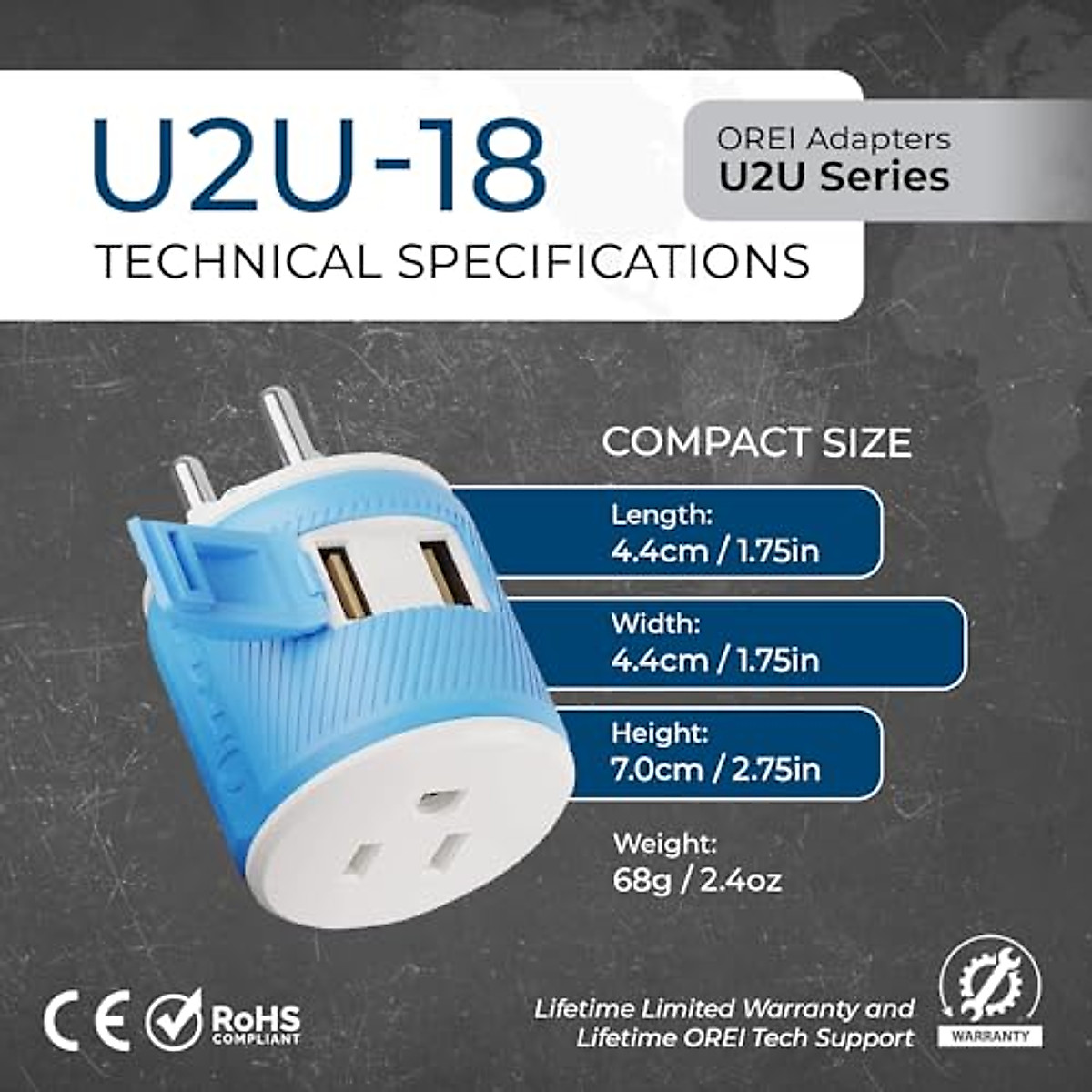 OREI Thailand Travel Plug Adapter with Dual USB - USA Input - Type O (U2U-18), Will Work with Cell Phones, Camera, Laptop, Tablets, iPad, iPhone and More