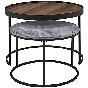Walker Edison Modern Industrial Wood Round Coffee Nesting Tables Living Room Accent Ottoman Storage Shelf, 30 Inch, Rustic Oak