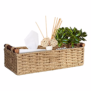 Round Paper Rope Storage Basket Wicker Baskets for Organizing with Handle Decorative Storage Bins for Countertop Toilet Paper Basket for Toilet Tank Top Small Baskets Set,Beige
