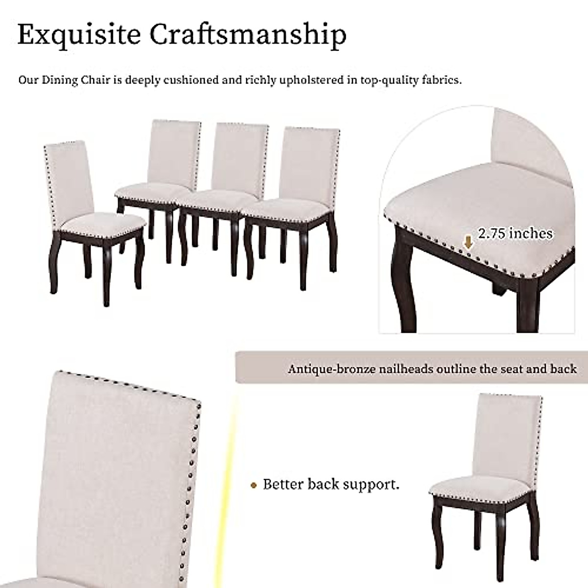 OYN 5-Piece Kitchen Room Furniture, Wooden Farmhouse Round Dining Table Sets with 4 Nailhead Decor Upholstered Chairs and Extendable Tabletop for 4 Persons Family Meal, Espresso