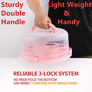 HOYA PONYOO Portable Cake Carrier with Handle, Round Cupcake Holder with Lid, Plastic Storage Container Box fit 10 inch Cake, 3-Locking Muffin and Pies Keeper with Cover (Pink)