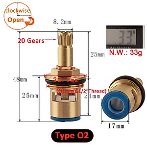 Brass Ceramic Cartridge, G1/2" Tap Ceramic Stem Cartridges Replacement for Hot Cold Water Faucet Spool Valve (Type O2- H48mm)
