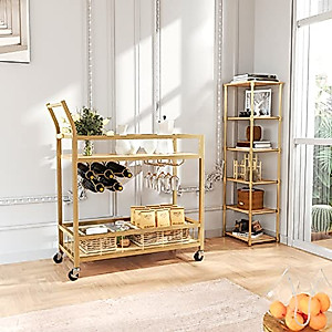 Furmax Home Industrial Serving Mobile Bar Cart on Wheels with Wine Rack and Glass Holder 2 Wood Storage Shelves for Living Room, Kitchen, Party (Gold)