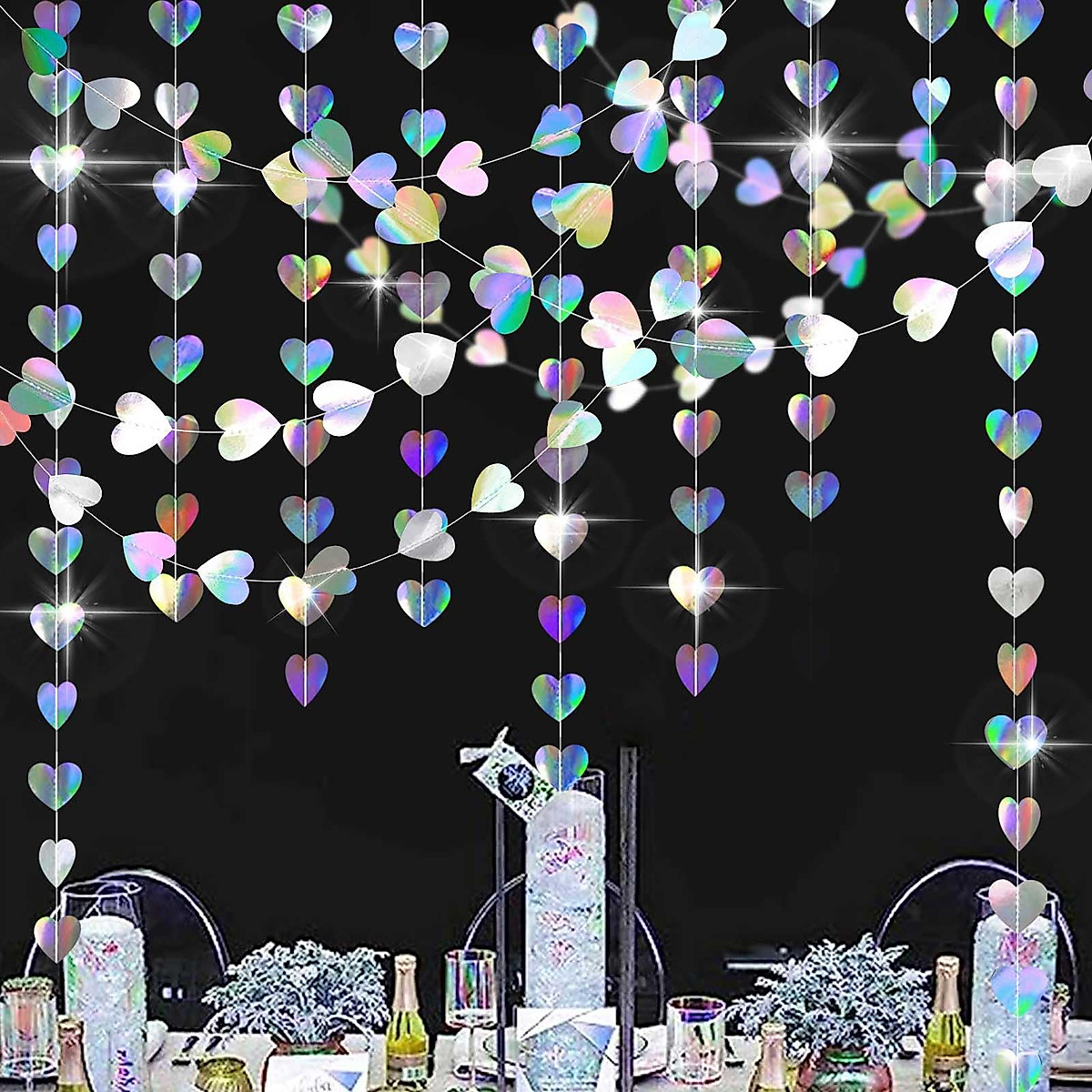 Fecedy 4 Pack Iridescent Love-Heart Garland Hanging Neon Streamers Banner for Birthday Bachelorette Baby Bridal Shower Engagement Valentines Decoration