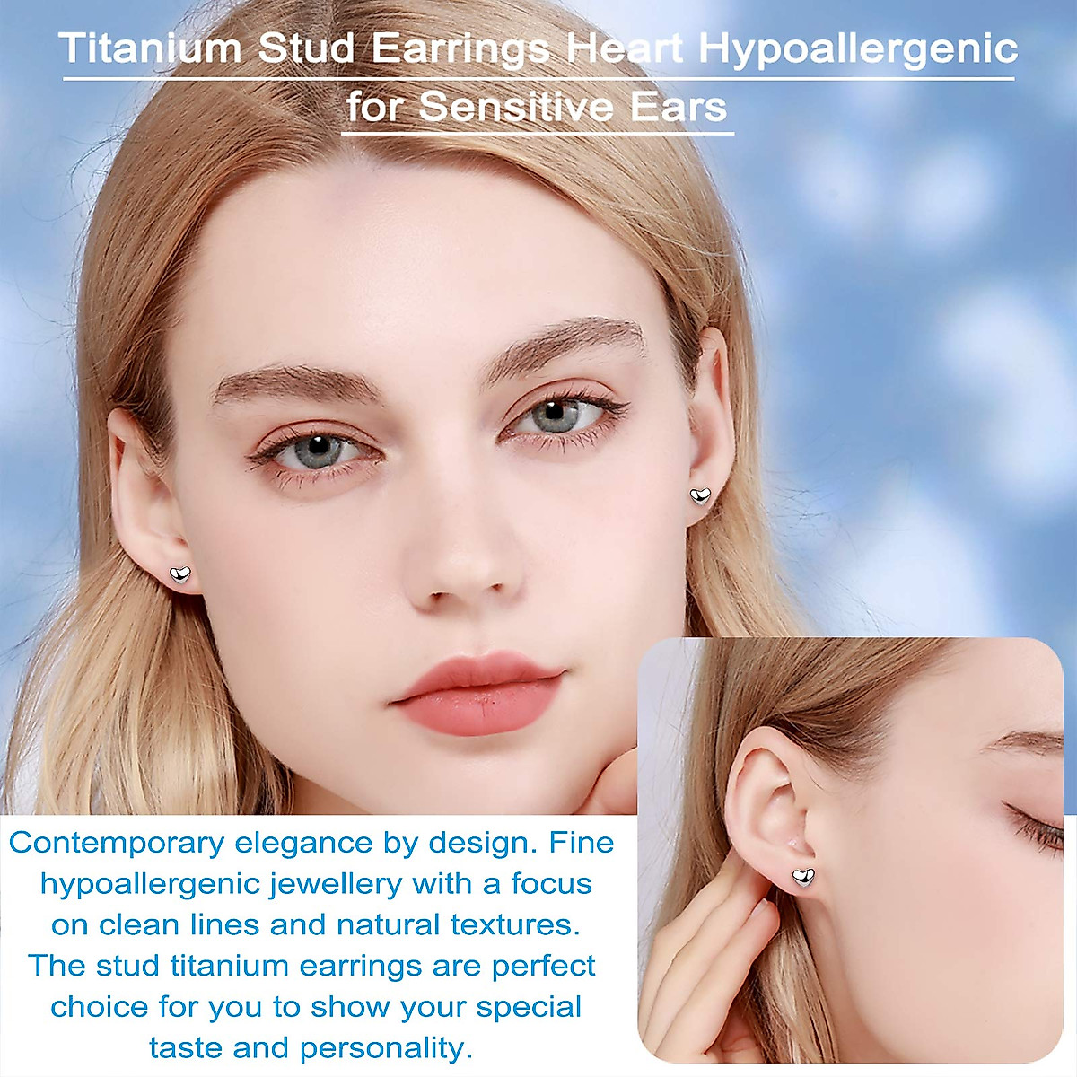 VGACETI Titanium Earrings Heart Stud Earrings, Hypoallergenic for Sensitive Ears Women Men, Premium High Polished (Large Shiny Grey)