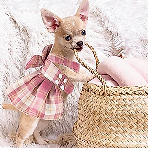 4 Pcs Plaid Dog Dress Bow Tie Harness Leash Set Harness Dress for Small Dogs Cute Dog Pet Girl Puppy Summer Clothes for Female Summer Bunny Rabbit Clothes Yorkie Chihuahua Training Walking (S)