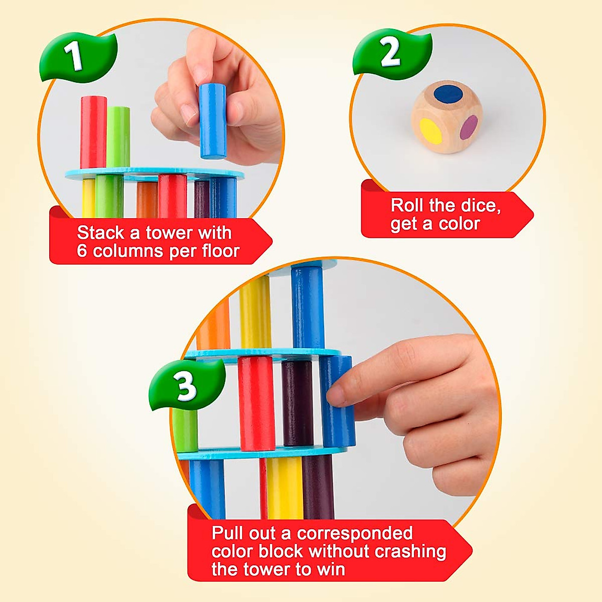 Coogam Wooden Tower Stacking Game, Fine Motor Skill Montessori Building Blocks with Dice Toppling Leaning Tower Toy Party Family Games for Kids and Adults