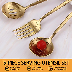 Large Serving Utensils Set,5 Pcs Stainless Steel Gold Serving utensils with 10.8 Inch Serving Fork,10.3 Inch Serving Spoon and Slotted Serving Spoon,Sugar Spoon and Butter Knife for Buffet