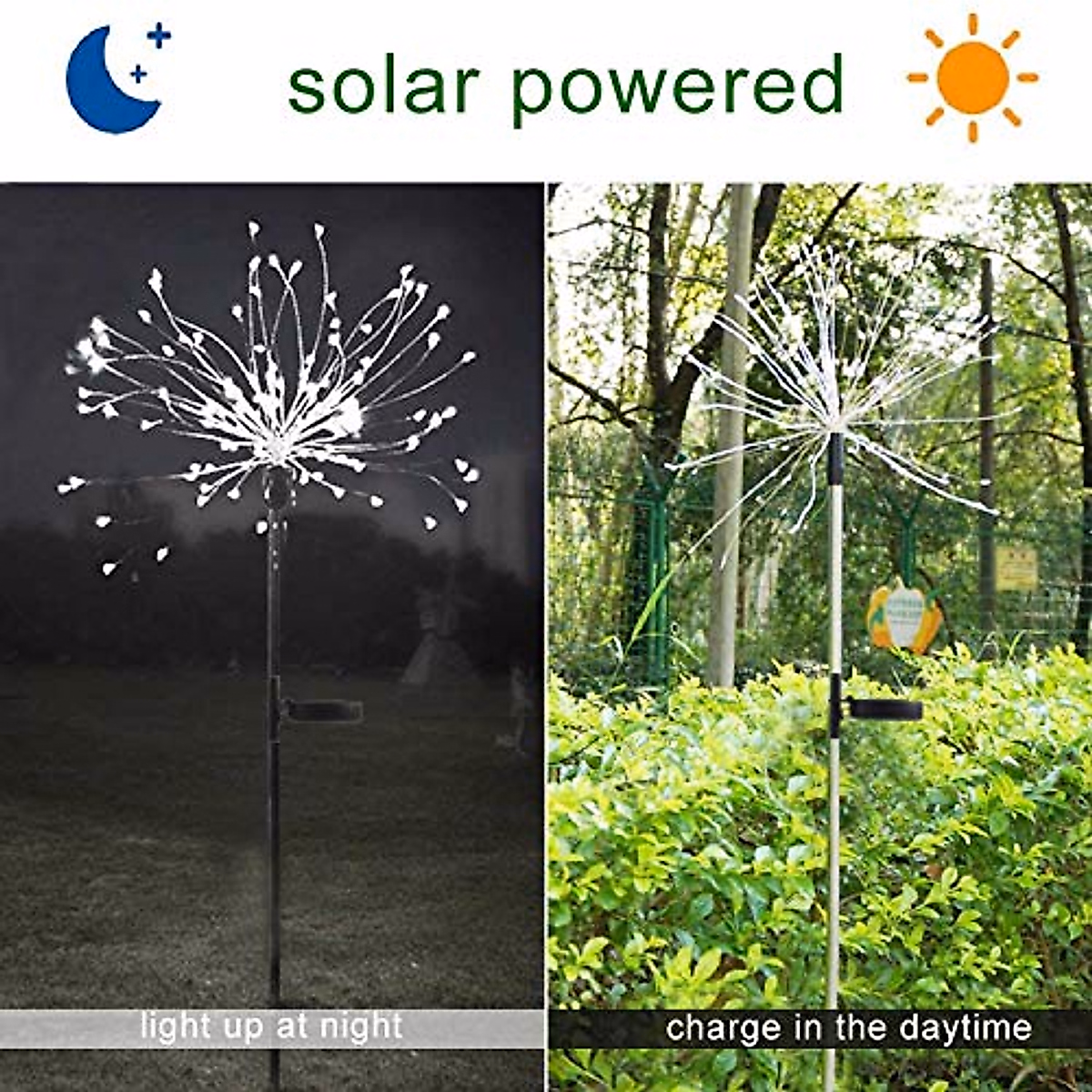 2 Pack Solar Garden Lights, 120 LED Solar Firework Lights Outdoor, Decorative Stake String Lights for Walkway Backyard Pathway Patio Christmas Wedding Party (2, Cool White)