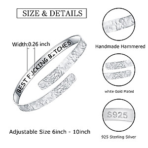 WOUOVO 925-Sterling-Silver Handmade Hammered Wide Cuff-Bangle-Bracelet - Inspirational Encouragement Mothers day Jewerly Gift for Women Grils Mom and Daughter (Best Fucking Bitches)
