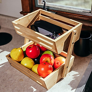 7Penn 2 Tier Fruit Basket for Kitchen Counter - Standing Countertop Bamboo Fruit Basket for Table or Pantry - Large Farmhouse Wooden Fruit Bowl for Vegetables - Rustic Bread Holder Produce Storage
