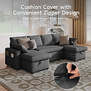 Winlice 4-in-1 Sofa Bed, U Shaped Sleeper Sofa with Pull Out Bed and Double Storage Chaise Sectional Couch for Living Room, Apartment and Hotel, Dark Gray