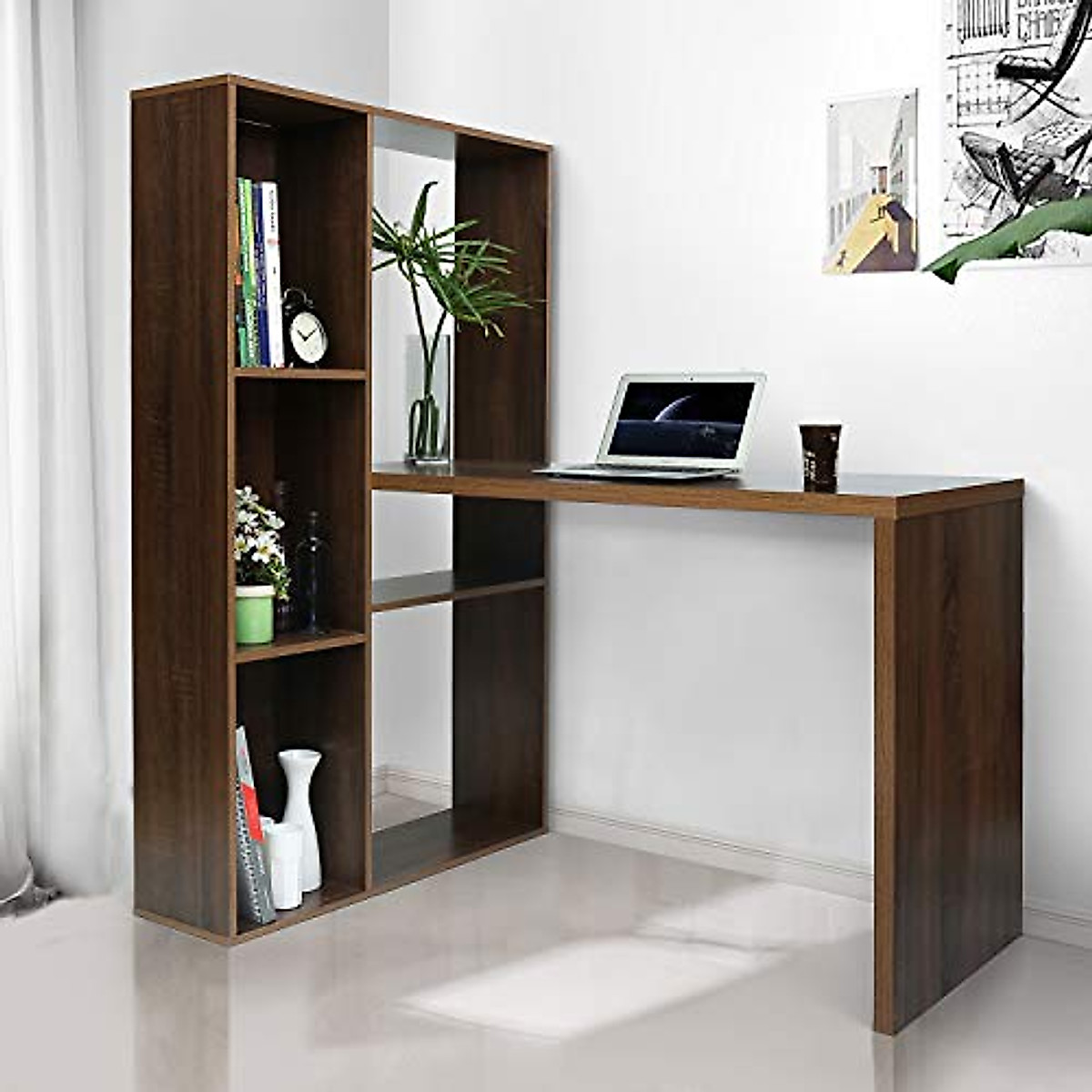 Haplized Modern Minimalist L-Shaped Office Computer Desk with 6-Tier Open Storage Shelf - Ideal for Office, Learning, and Gaming (Walnut)