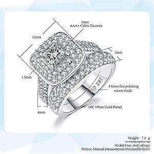 Double Fair 2 Piece Wedding Ring for Women 1 Carat Princess Cut Cubic Zirconia Engagement Promise Bridal silver Band Fashion Cute White Gold Plated Ring Set Gift Jewelry