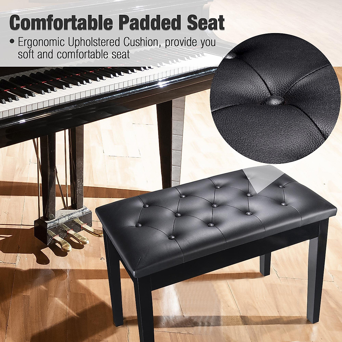 AW Piano Bench Stool Dual Leather Padded Keyboard Organ Duet Chair Seat Double Throne Storage Capacity 400 lbs 29.3x13.3x19 Black