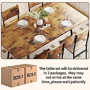 Qsun 7-Piece 63" Dining Table Set for 4-6 People, Extendable Kitchen Table Set with 6 Chairs, Dining Room Table with Metal Frame and Solid MDF Wood Board for Kitchen, Rustic Brown