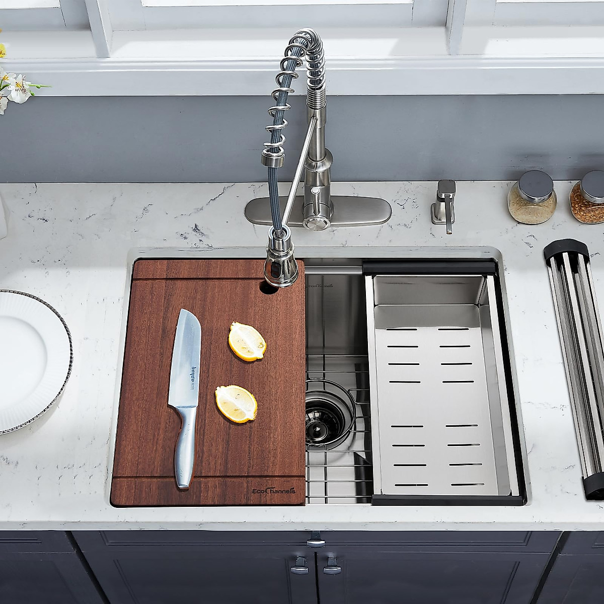 EcoChannels Undermount Kitchen Sink, 24 x 19 Inch Sink Kitchen 16 Gauge Stainless Steel Kitchen Sinks Single Bowl Workstation Sink with Cutting Board