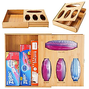 Ziplock Bag Organizer, Bamboo Expandable Plastic Stretch Film Dispenser Organizer for Gallon, Quart, Sandwich, Snack Bags, Food Storage Bag Organizer for Kitchen Drawer Fit 13'' Roll Variety Size Bags