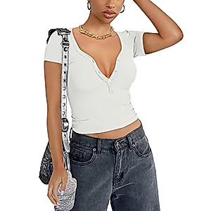 REORIA Women’s Summer Sexy Casual Henley V Neck Button Down Short Sleeve Going Out Y2K Ribbed Tshirts Crop Tops White Small