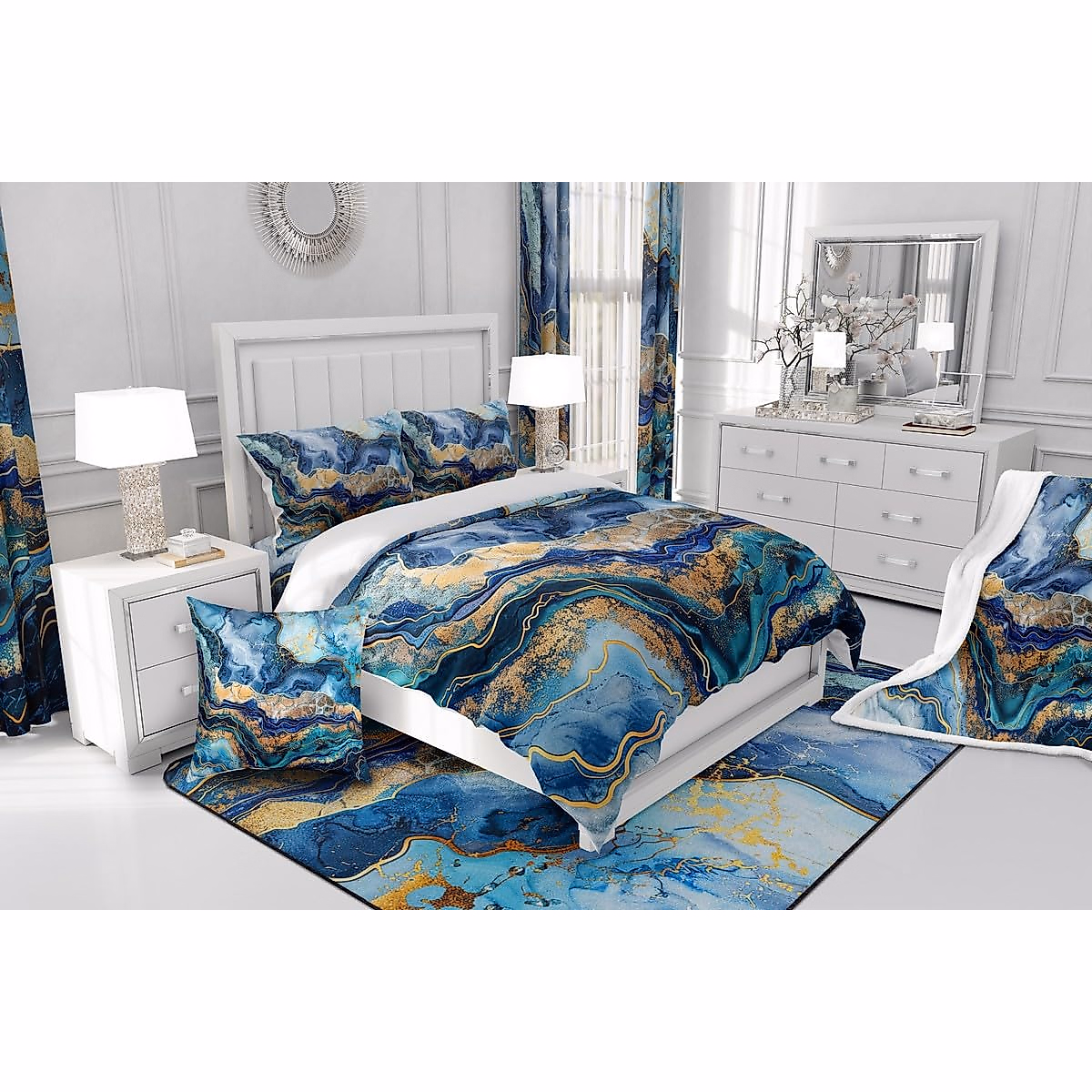 Marble Duvet Cover, 3D Print Grunge Fluid Golden Little Bit Stone Crack Gothic Impressionist Abstract Art Bedding Set, Decorative 3 Piece Comforter Cover With 2 Pillow Shams, Full Size,Teal Blue