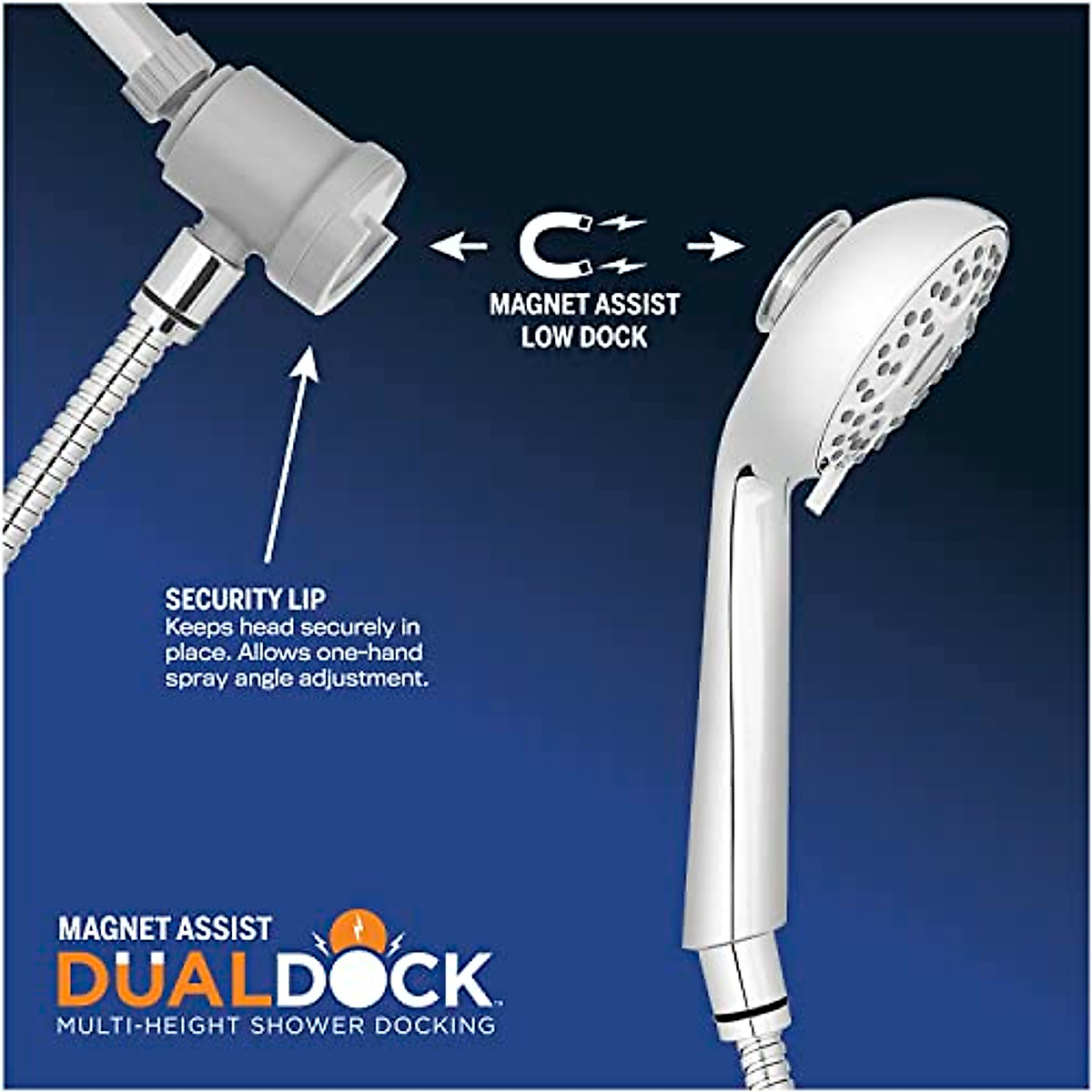 Waterpik Magnetic Dual Dock Adjustable Height Hand Held Shower Head With 5-Foot Metal Hose and PowerPulse Shower Massage, Chrome QMK-753ME