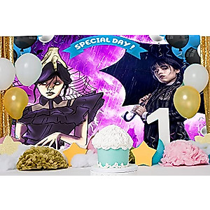 85x60 inches Wednesday Addams Backdrop Birthday Banner Decorations 7x5 ft Family Cartoon Happy Birthday Party Supplies, Special Day Photo Background for Multi Occasions