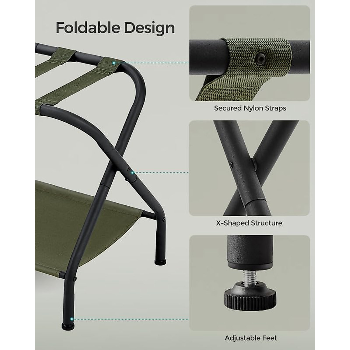 SONGMICS Luggage Rack, Suitcase Stand with Fabric Storage Shelf, for Guest Room, Bedroom, Hotel, Foldable, Holds up to 110 lb, 27.2 x 15 x 20.5 Inches, Forest Green and Black URLR002C01