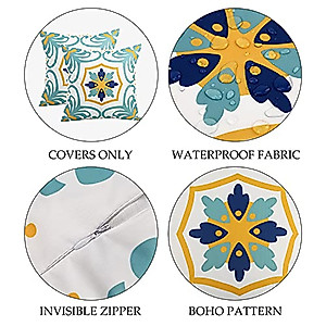 Outdoor Waterproof Throw Pillow Covers Set of 4 Floral Printed and Boho Farmhouse Outdoor Pillow Covers for Patio Funiture Garden 18x18 Inch Blue