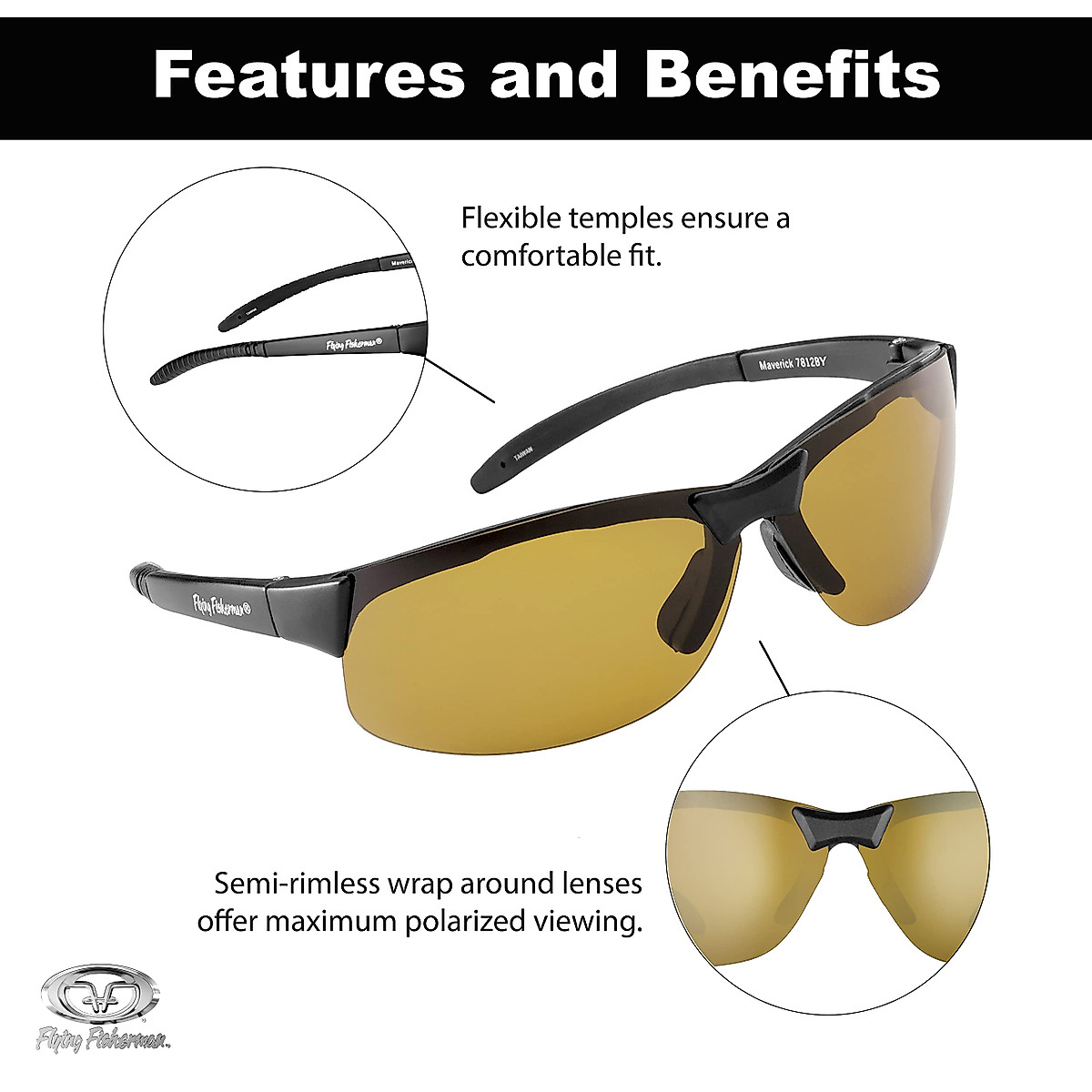 Flying Fisherman Maverick Polarized Sunglasses with AcuTint UV Blocker for Fishing and Outdoor Sports, Matte Black Frames/Yellow-amber Lenses