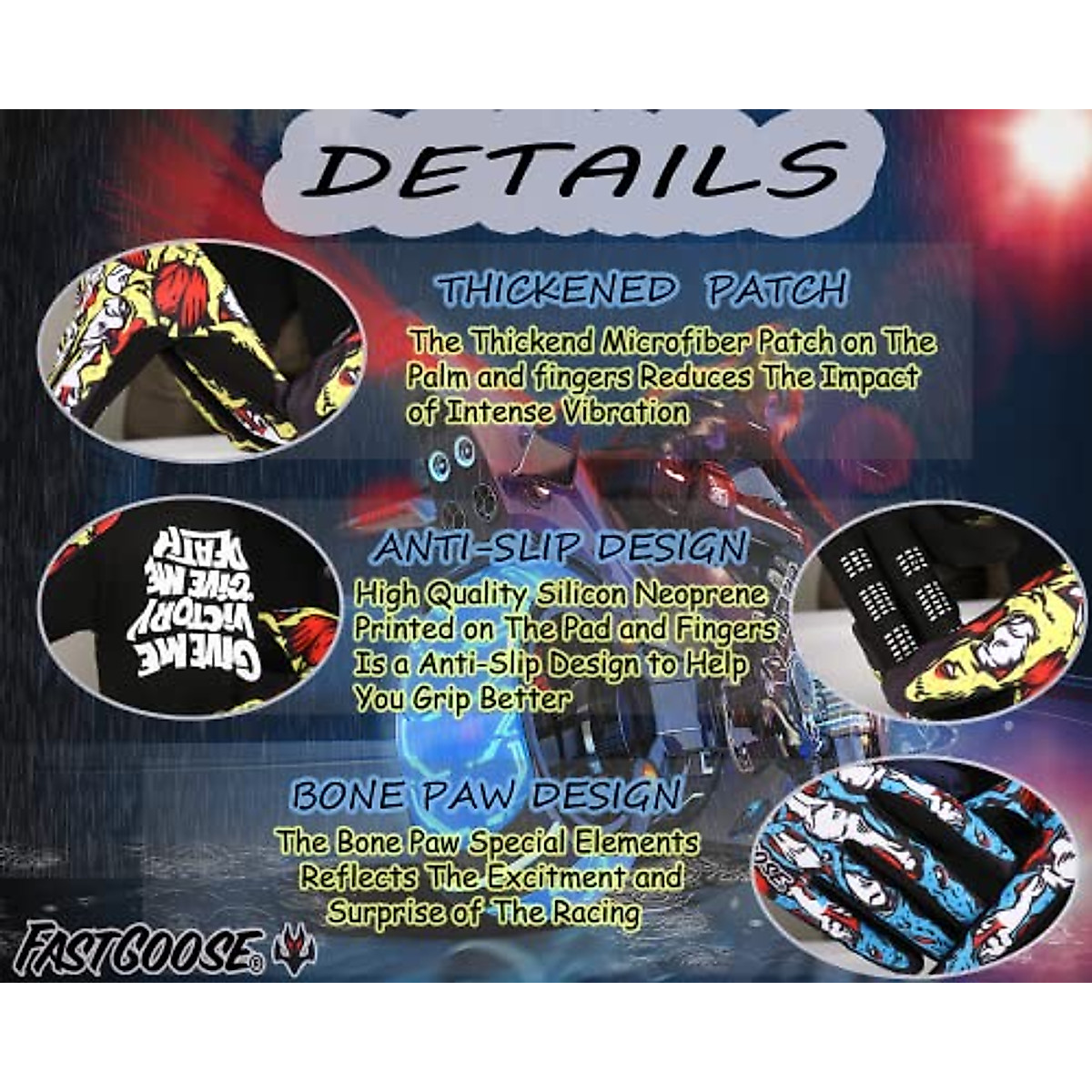 FASTGOOSE Skeleton-Paw Motorcycle Gloves for Men & Women, Men's Cycling Gloves Breathable Biker Gloves for ATV BMX MTB Motocross Racing Dirtbike (Blue0001, Large)