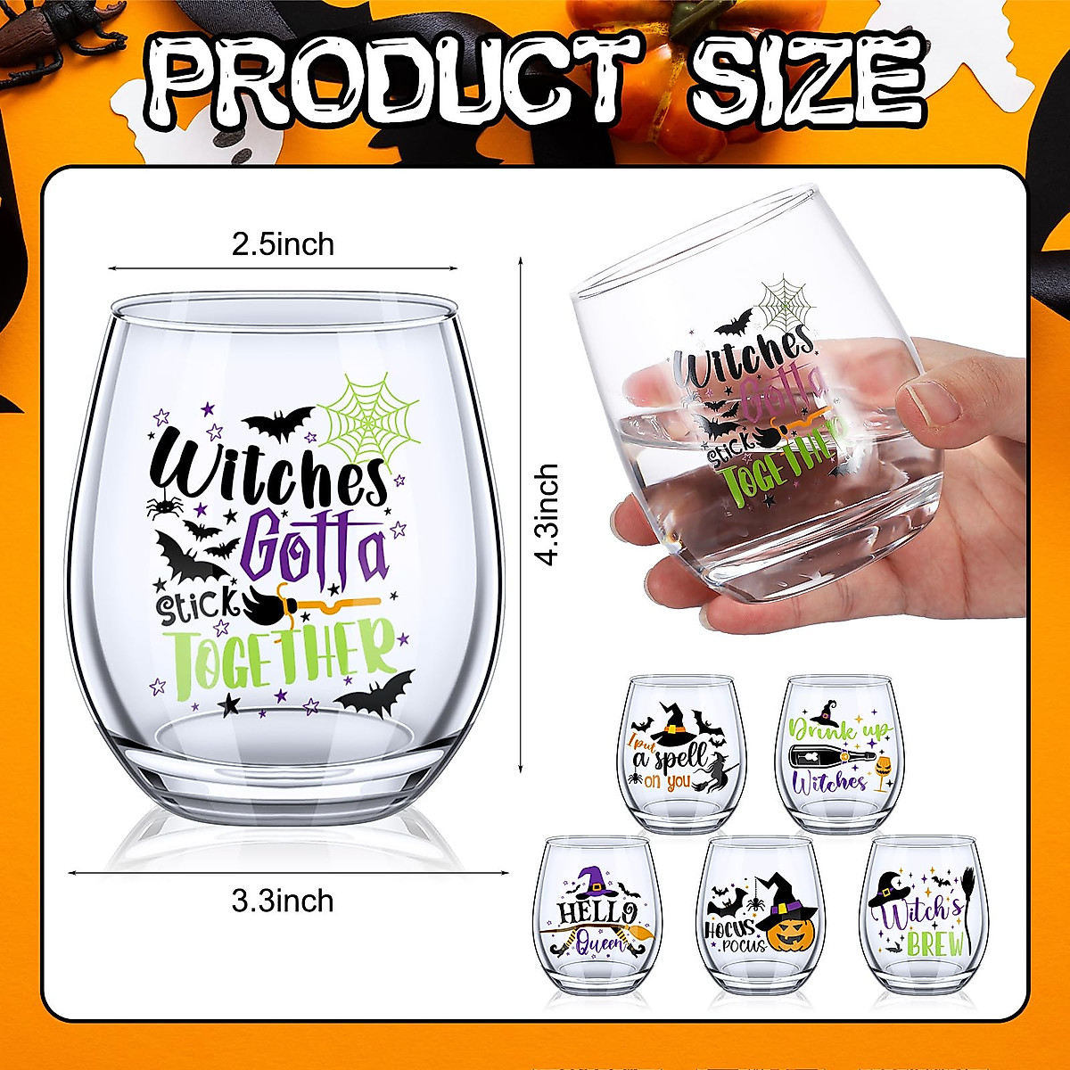 Sliner 6 Pcs Halloween Witch Stemless Wine Glass 11.5 oz Halloween Wine Glass for Halloween Birthday Housewarming Party Ice Coffee Beer Beverages Men Women Friends Families Coworker Funny Gifts
