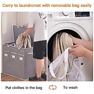 TECHMILLY 3 Section Large Laundry Basket, 140L Laundry Hamper with Lid，Waterproof Durable Clothes Hamper with 4 Removable Bags and 3 labels for Bathroom, Bedroom, Dorm, (Grey)