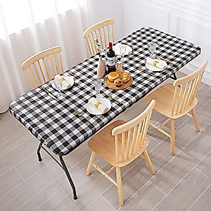 smiry Rectangle Table Cloth Cover, Elastic Waterproof Fitted Vinyl Table Covers for 6 FT Tables, Flannel Backed Buffalo Plaid Tablecloth for Picnic, Camping, Outdoor (Black and White, 30 x 72 Inches)