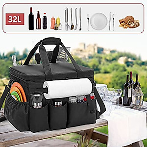 HODRANT Large Grill Caddy with Lid, BBQ and Picnic Bag Organizer with Paper Towel Holder, Tailgating Accessories Basket for Barbecue Utensil & Camping Gear Must Haves, Black, Bag Only