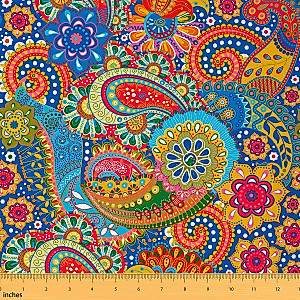 Boho Fabric by The Yard, Paisley Floral Upholstery Fabric, Colorful Retro Decorative Fabric, Mandala Outdoor Fabric, Exotic Flower DIY Art Waterproof Fabric, Upholstery and Home Accents, 1 Yard