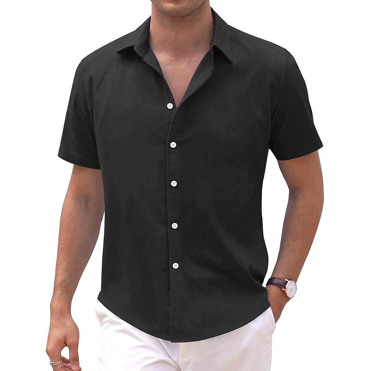 COOFANDY Men's Linen Short Sleeve Business Summer Shirt Fitted Untucked Button Shirt Black