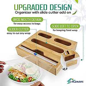 Premium Plastic Wrap Dispenser with Cutter and Ziplock Bag organizer, Bamboo Foil and Plastic Wrap Organizer for Kitchen Drawer, Ziplock Bag Storage Organizer for Gallon,Quart,Sandwich,Snack